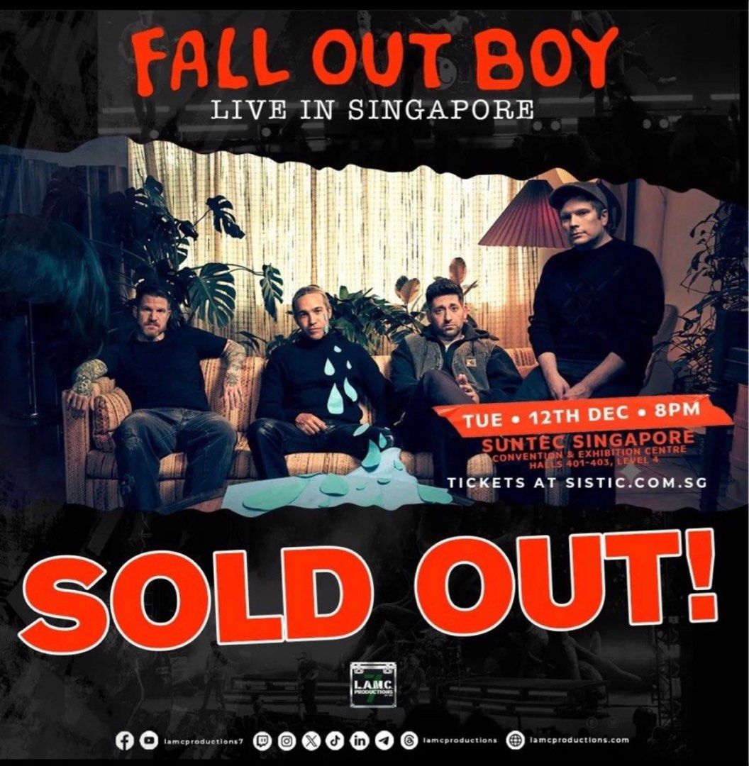Fall Out Boy Singapore 2023 Concert Tickets, Tickets & Vouchers, Event ...