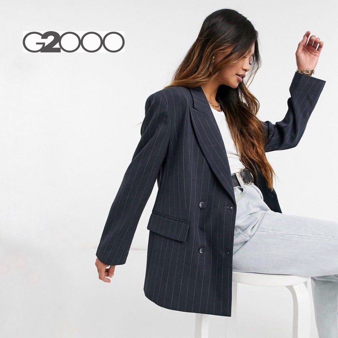 G2000 Dark Blue Navy Stripes Oversize Blazer Outer Double Button Casual ...