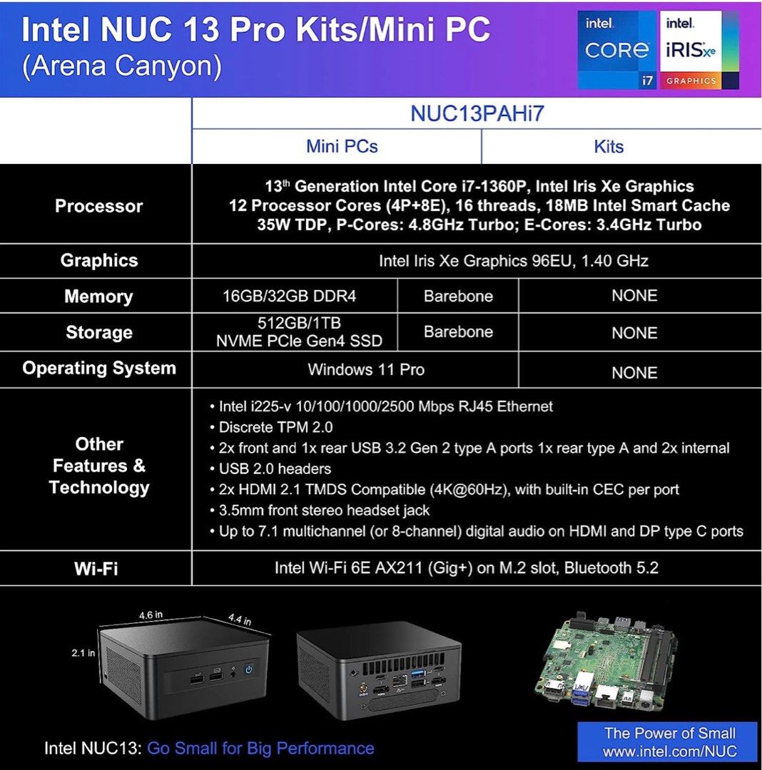 INTEL NUC 13 V-PRO KIT(i5-1350P / i7-1360P / i7-1370P ) , 32GB DDR4 ...