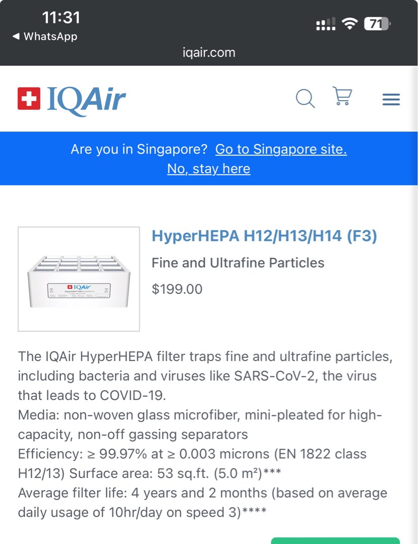 IQ Air Hyper HEPA filter, TV & Home Appliances, Air Purifiers ...