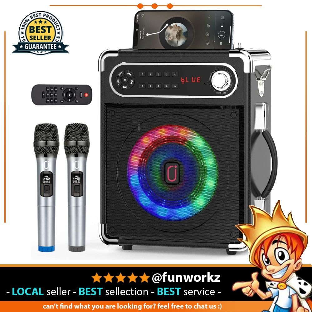 JYX Karaoke Machine with Two Wireless Microphones, Portable Bluetooth Speaker with Bass/Treble ...