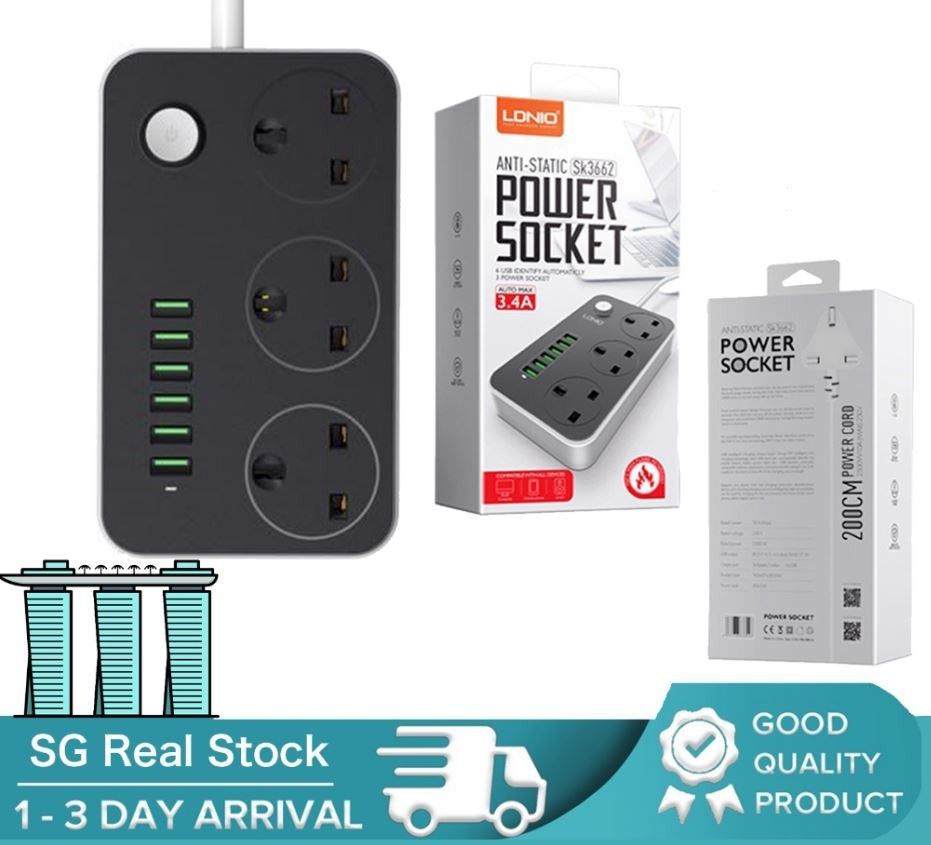 LDNIO SK3662 Universal UK Power Socket with 3-Pin+6 USB Fast Charging ...
