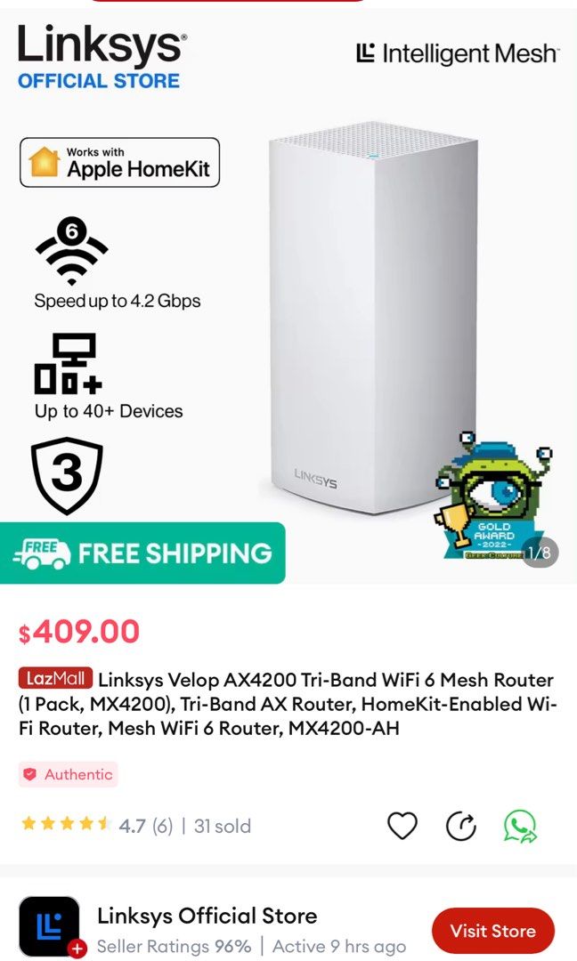 Linksys MX4200 Tri-Band AX4200 Velop Wifi 6 Whole Home Mesh System, Computers & Tech, Parts ...