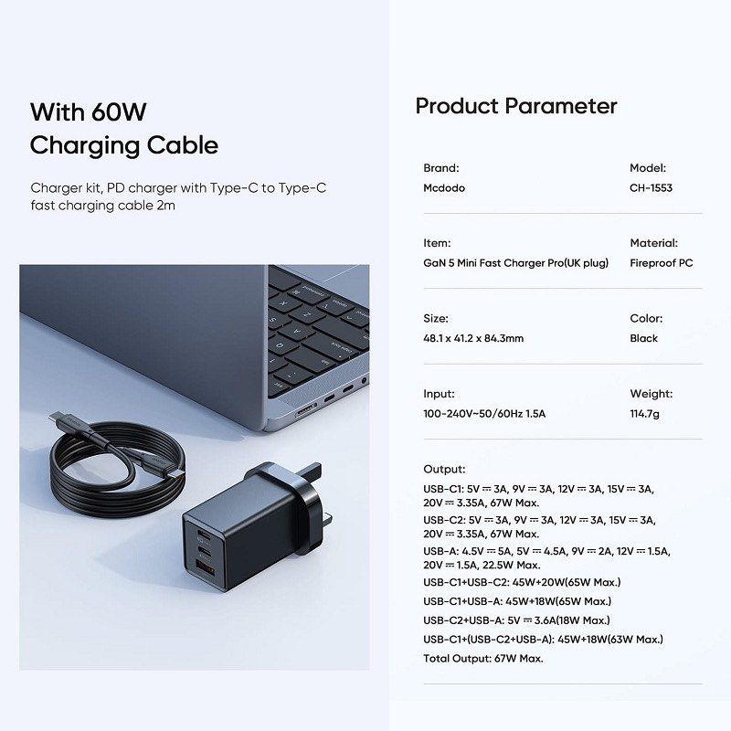Mcdodo Fast Charger Pro Set Type-C to Type-C Charging Adapter (67W ...