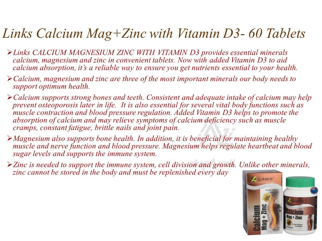 NZ Links CALCIUM MAGNESIUM ZINC WITH VITAMIN D3, Health & Nutrition ...