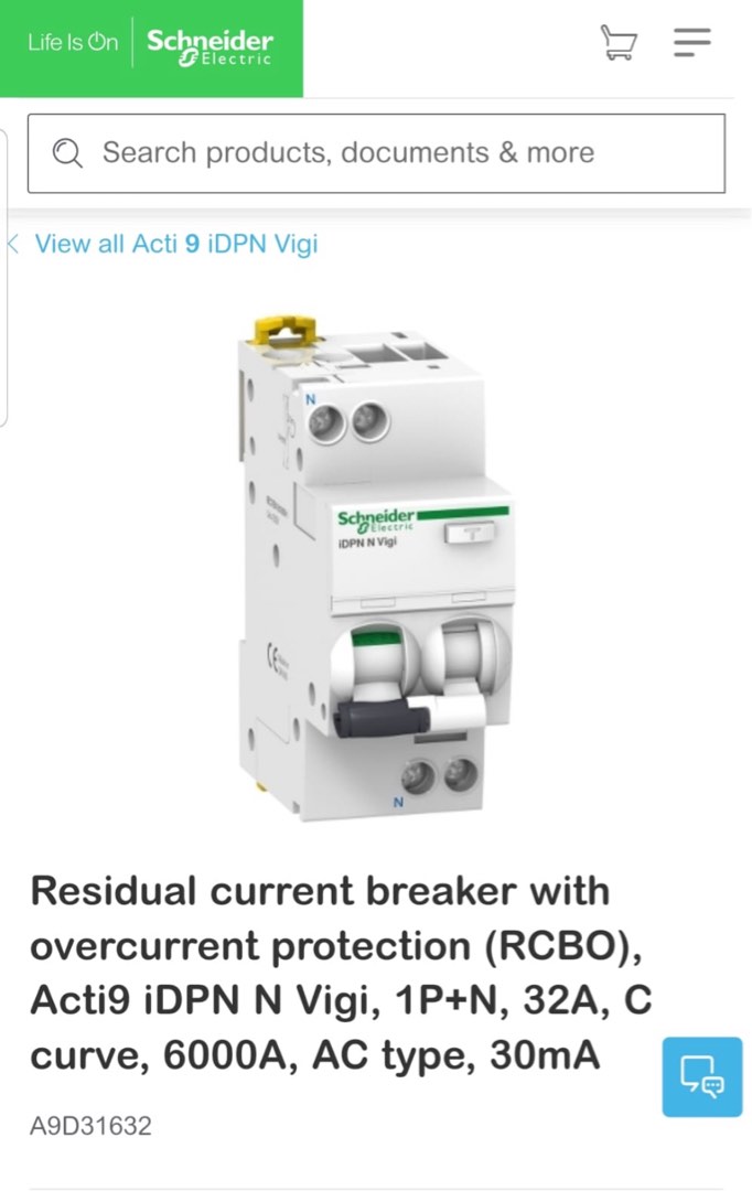 Schneider 1P+N 32A 40A RCBO 30mA Type AC, 家庭電器, 轉插器及插頭 - Carousell