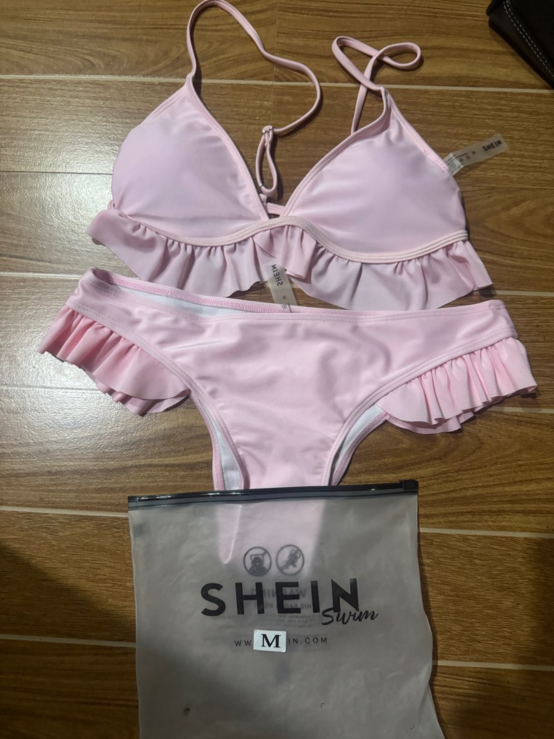 Shein Ruffle Powder Pink Bikini, Women's Fashion, Swimwear, Bikinis ...