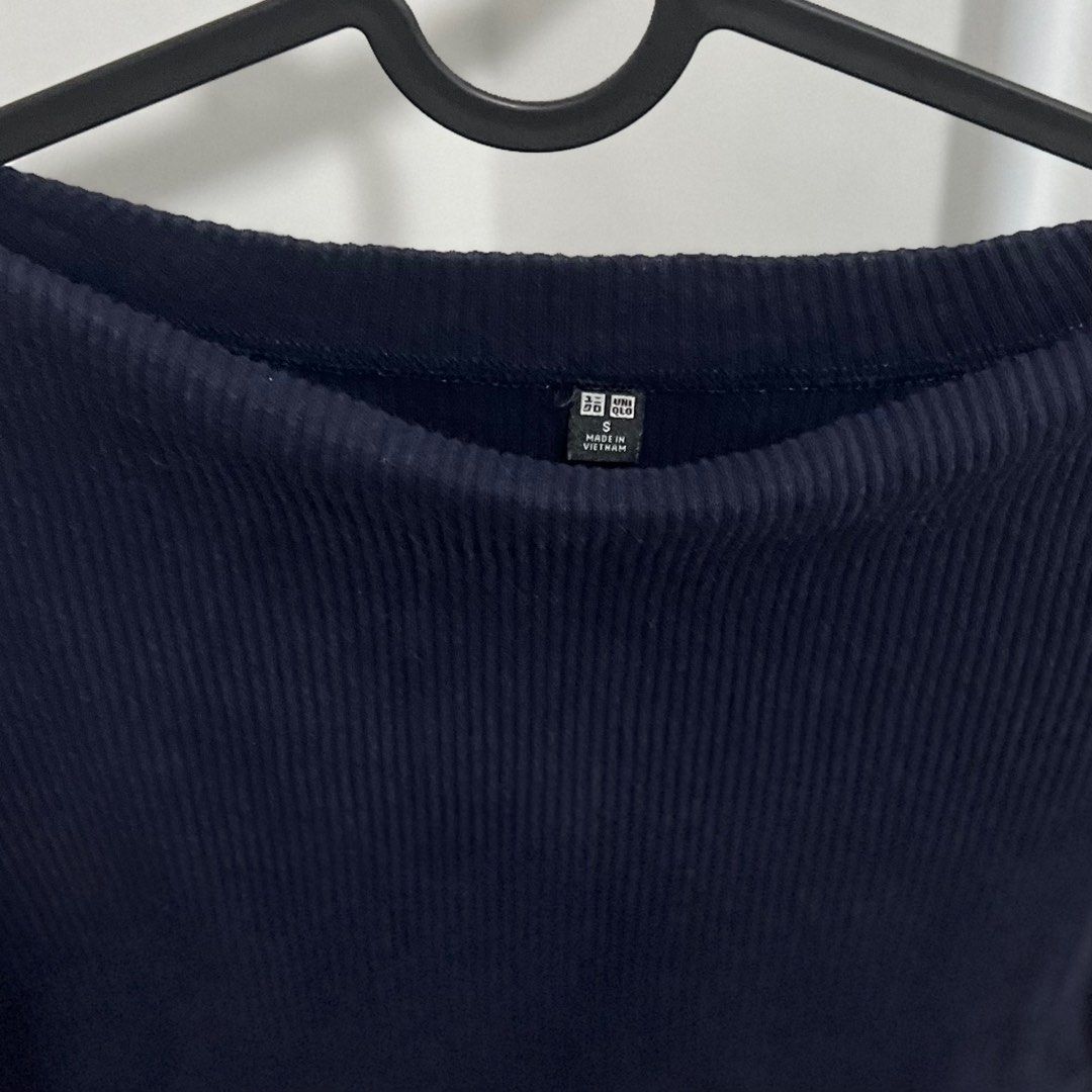 Uniqlo Navy Blue Boat Neck Blouse 1/4 Sleeve, Women's Fashion, Tops ...