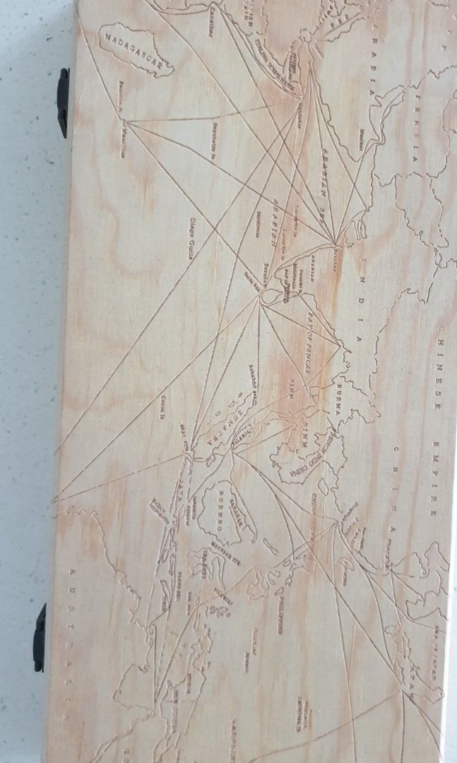 Wooden storage box with map drawing, Everything Else on Carousell