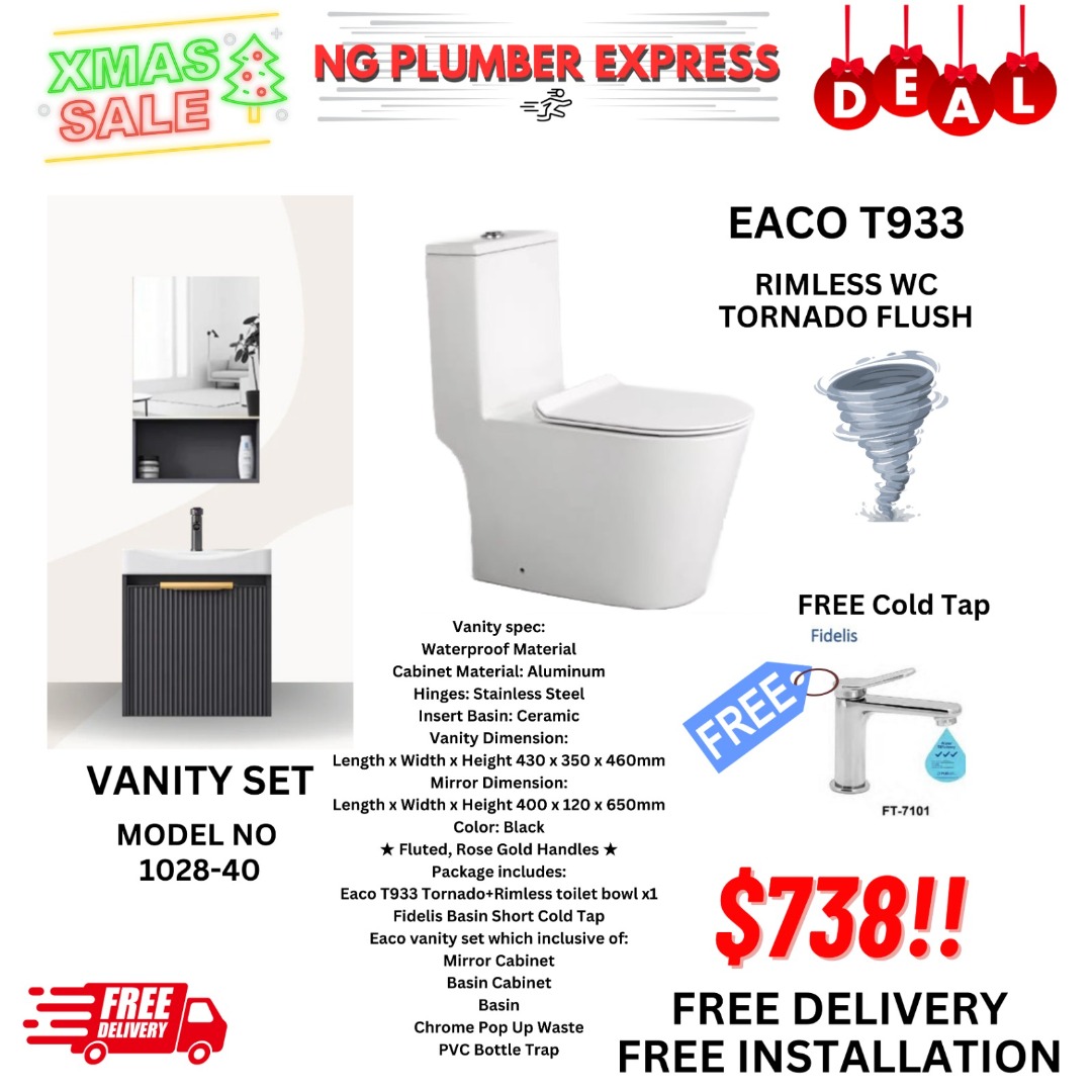 12.12 XMAS HOT SALES! EACO T933 RIMLESS+TORNADO ONE-PIECE TOILET BOWL + EACO VANITY SET + BASIN ...