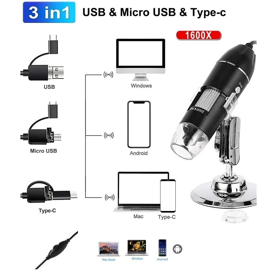 3 IN 1 HD / WiFi USB Digital Microscope With Stand 電子顯微鏡 - 500x、1000x ...