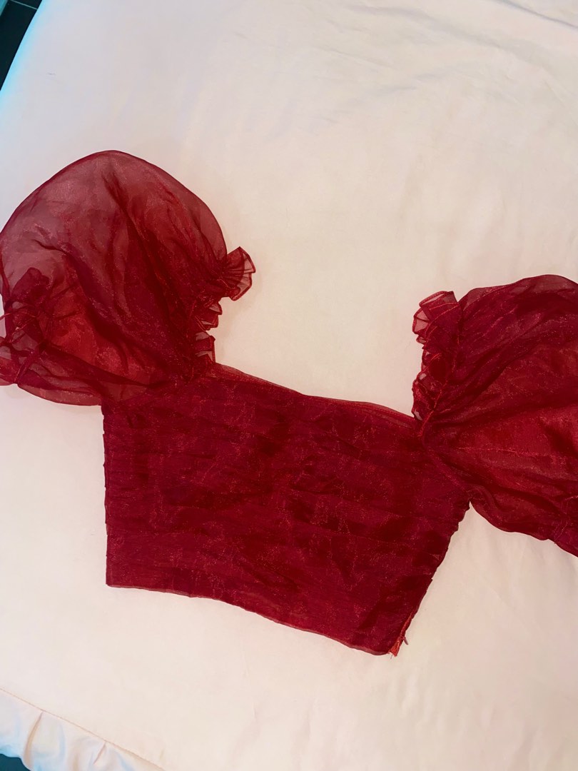deep red tulle fluffy sheer modern filipiniana, Women's Fashion, Tops ...
