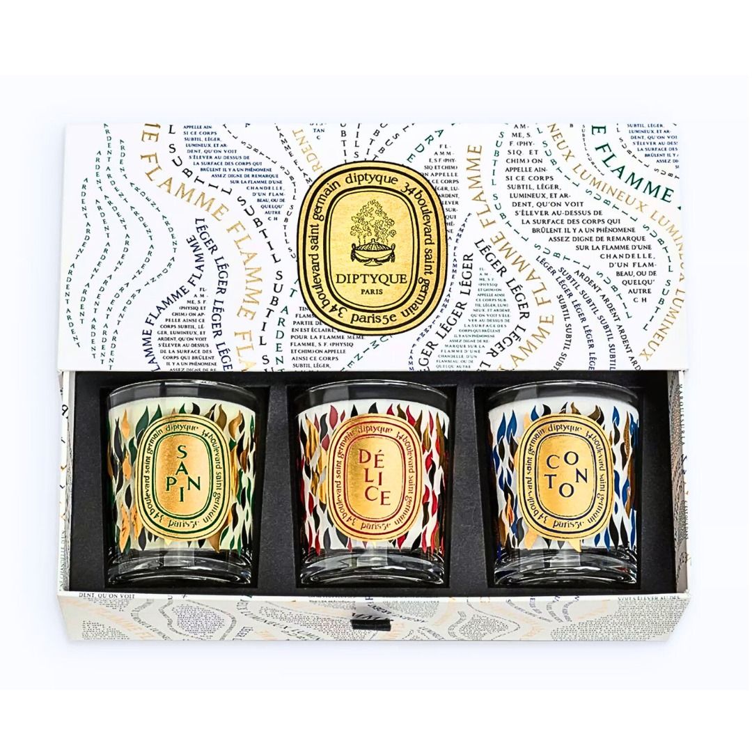 Diptyque 2023聖誕 [限定版] 蠟燭禮盒 70g x 3（Sapin, Délice, Cotton), 傢俬＆家居, 家居香薰 - Carousell