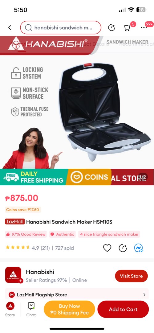 HANABISHI Sandwich Maker HSM-10S, TV & Home Appliances, Kitchen ...