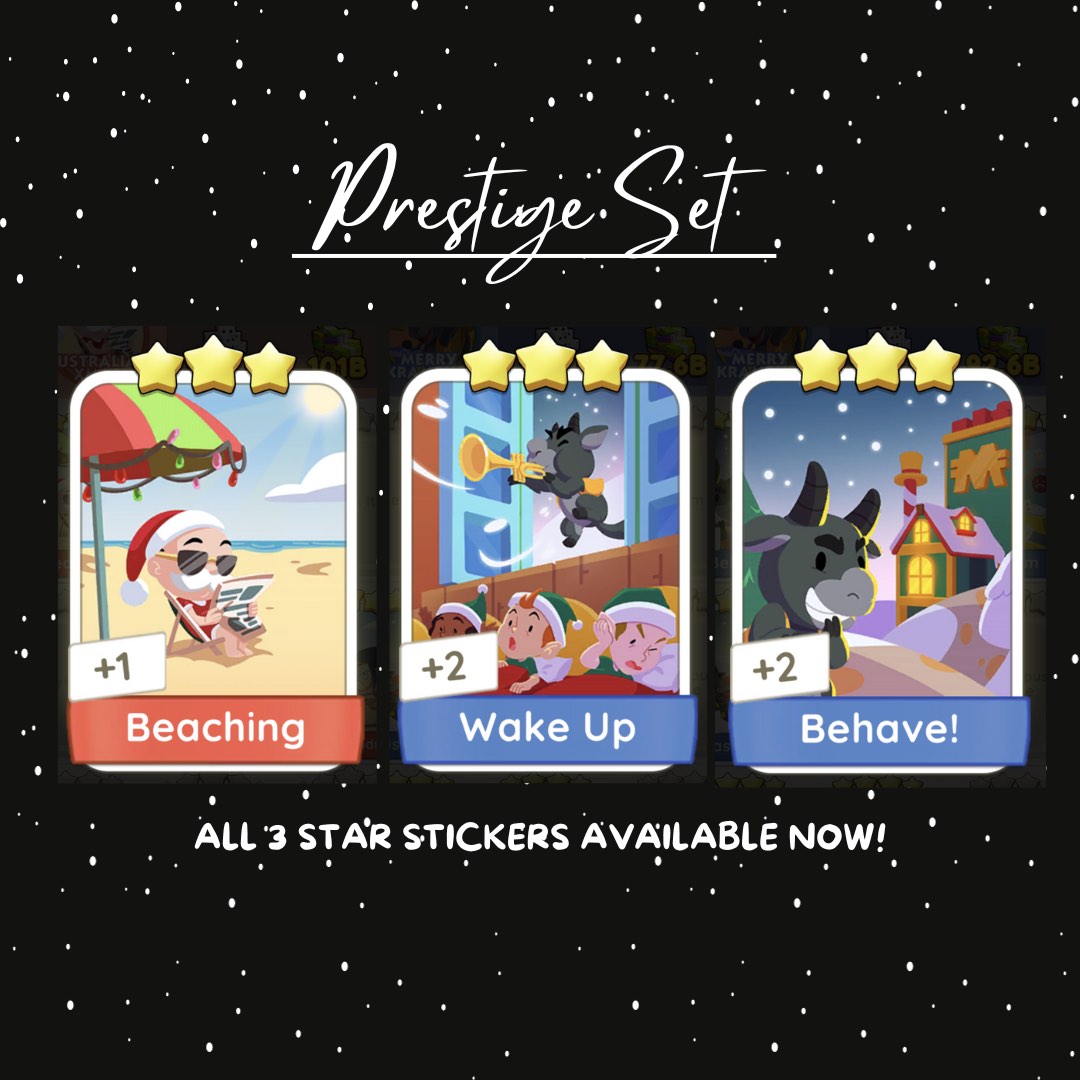 Monopoly Go Prestige Set Heartfelt Holidays 3* Stickers Beaching Wake ...