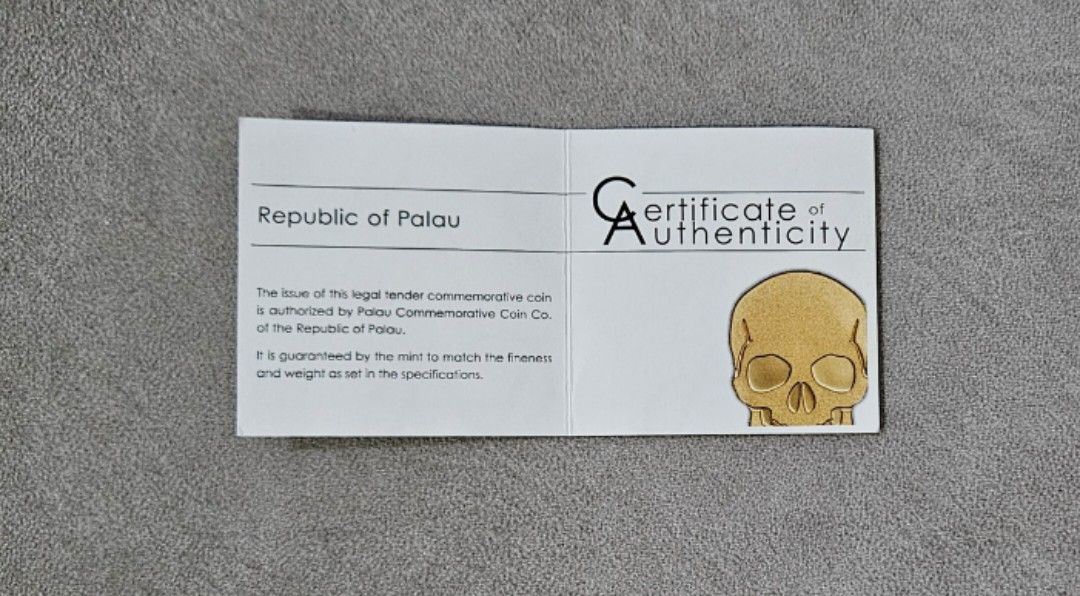 Palau 2016 $1 Skull In Gold with Certificate Of Authenticity, Hobbies ...