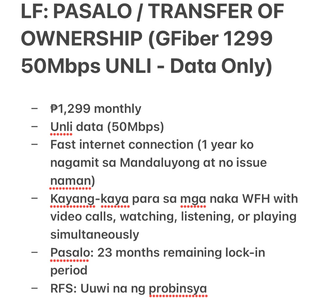 PASALO / TRANSFER OF OWNERSHIP (GFiber 1299 50Mbps UNLI - Data Only ...