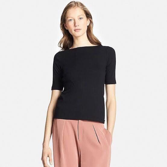 UNIQLO ribbed boat neck half sleeve tee, Women's Fashion, Tops, Blouses ...