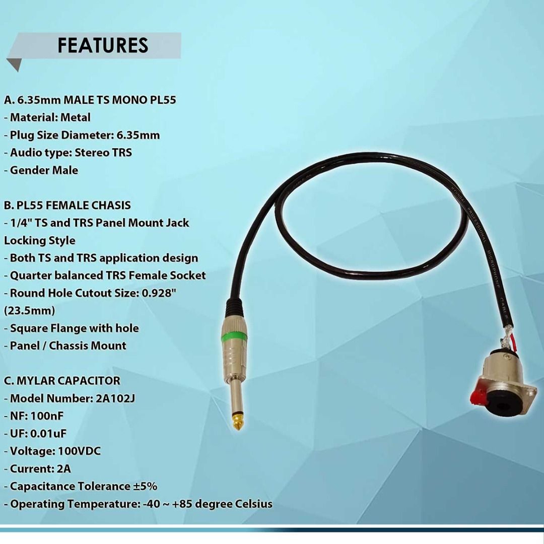 6.35mm (1/4inc) MALE TS MONO PL55 to PL55 FEMALE CHASIS with ANTI ...