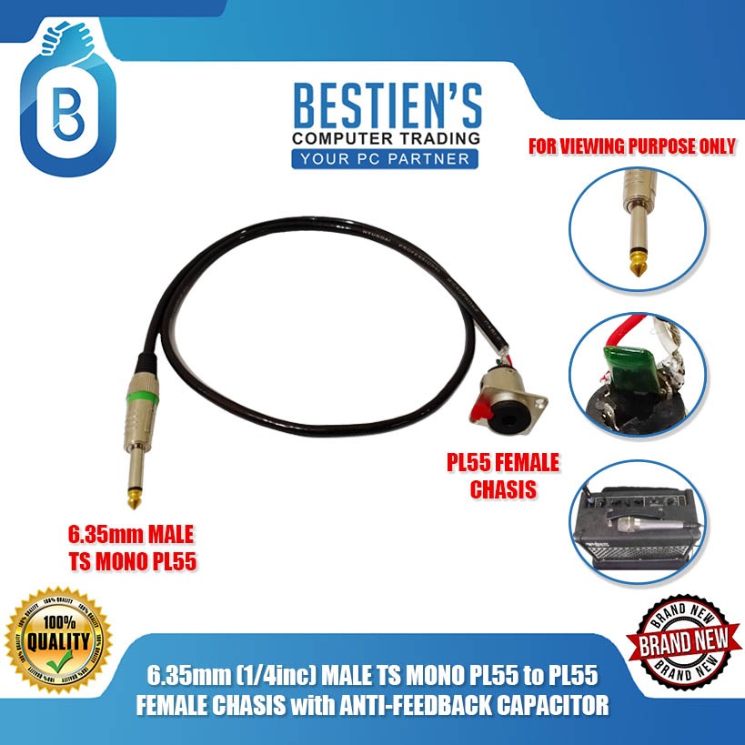 6.35mm (1/4inc) MALE TS MONO PL55 to PL55 FEMALE CHASIS with ANTI ...