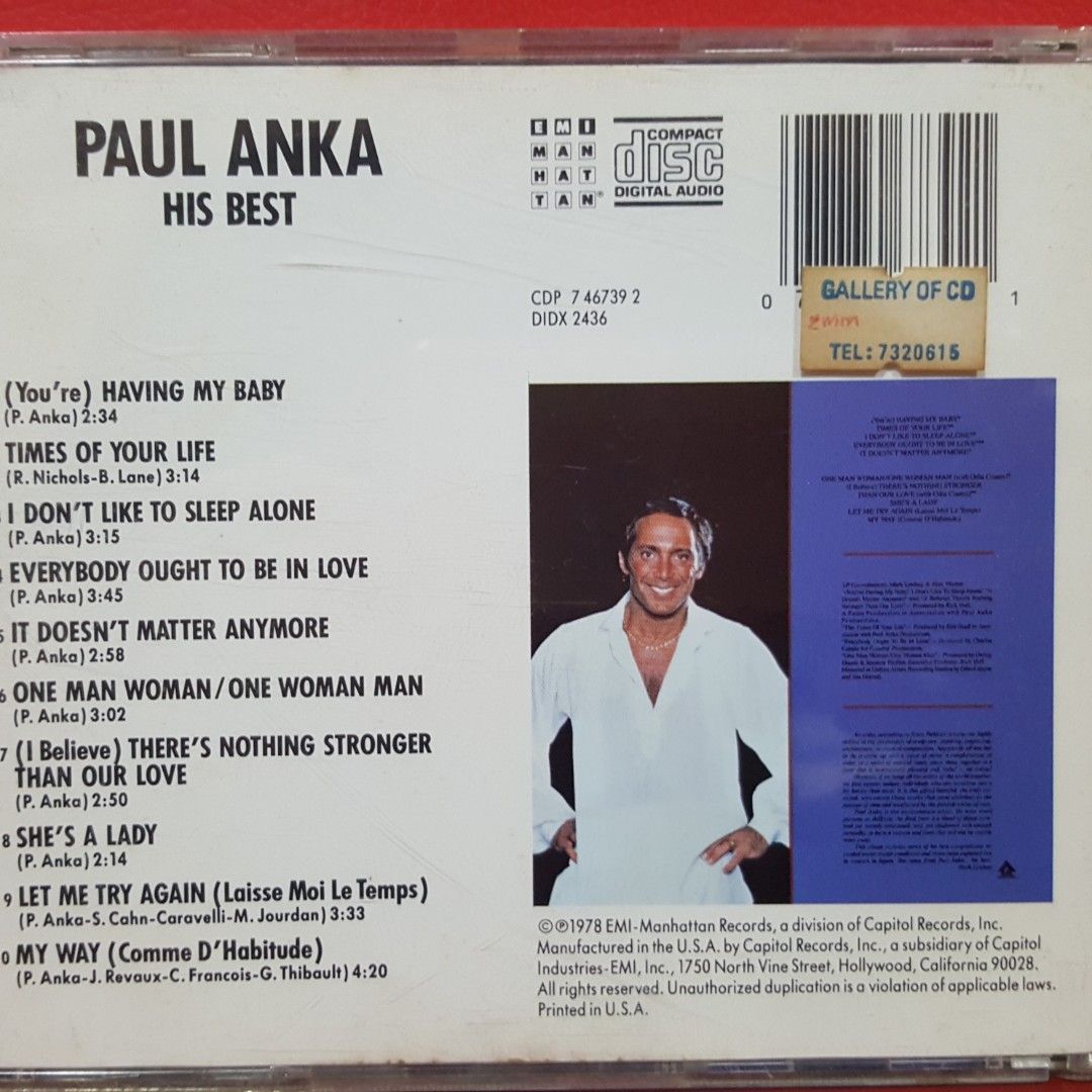 Cd> Paul Anka...His Best(US), Hobbies & Toys, Music & Media, CDs & DVDs on Carousell