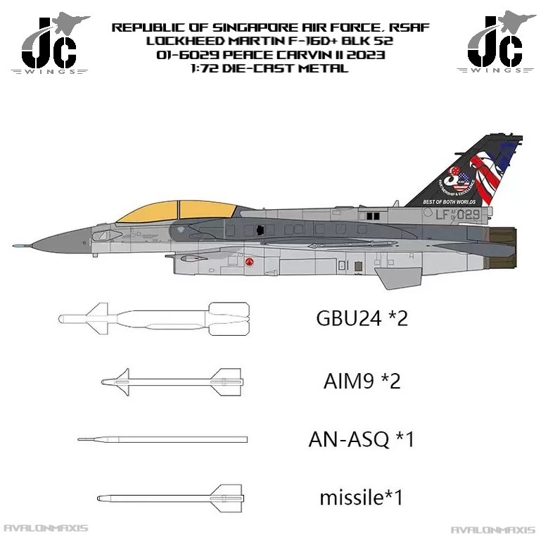 JC Wings Military Series RSAF Singapore Air Force Lockheed Martin F-16D+ Fighting Falcon 01-6029 ...