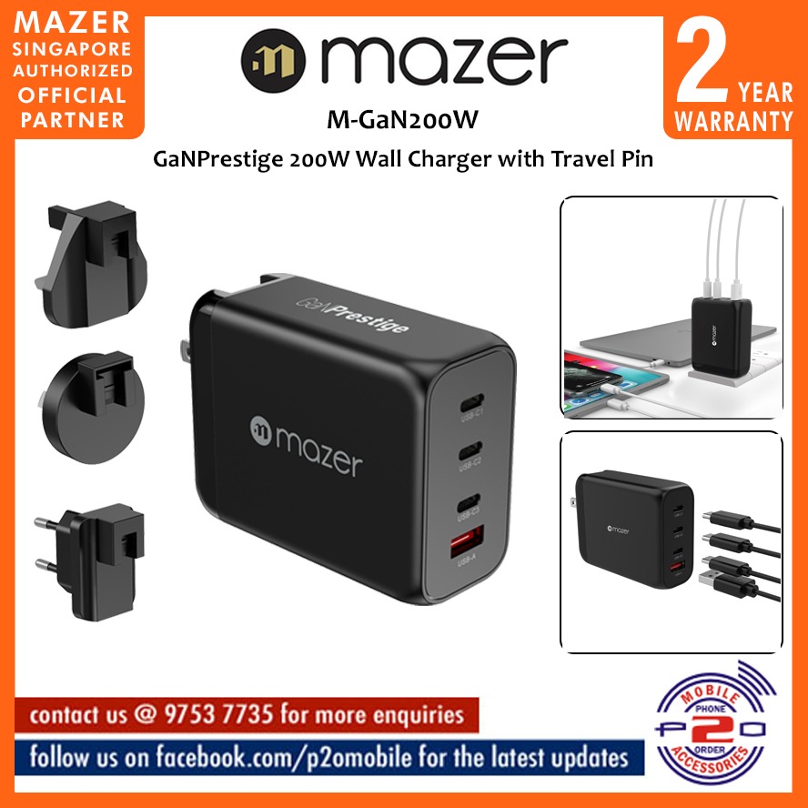Mazer M-GaN200W GaNPrestige 200W Wall Charger with Travel Pin (Mazer 200W), Mobile Phones ...
