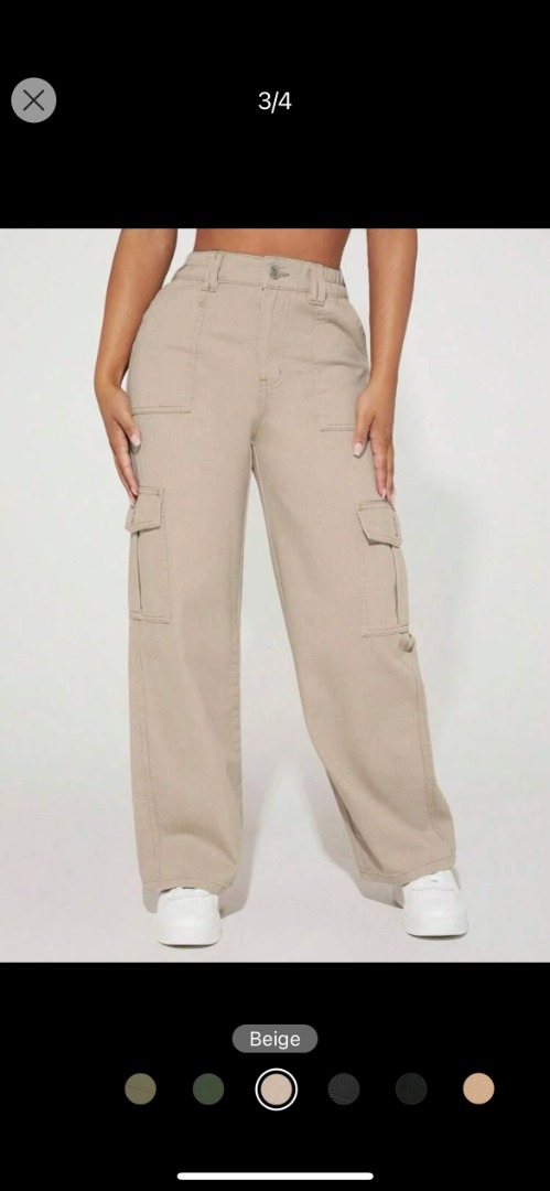 SHEIN PETITE High Waist Flap Pocket Cargo Jeans Beige Pants Baggy ...