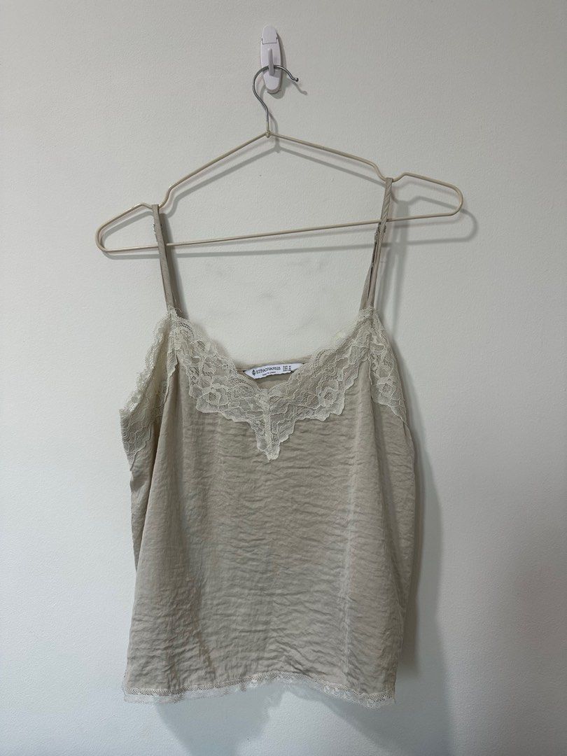 Stradivarius Cream Lace-Trimmed Strapped Top, Women's Fashion, Tops ...