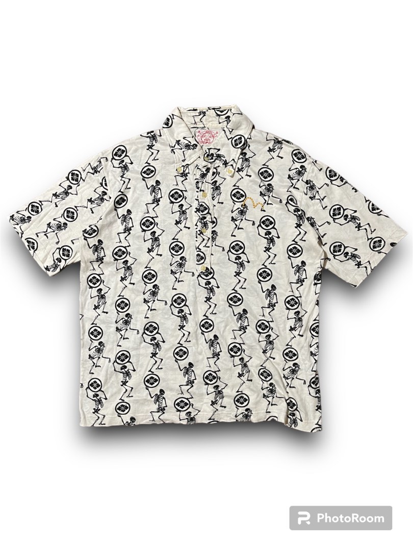 VINTAGE EVISU DANCING SKELETON ALL OVERPRINT POLO SHIRT, Men's Fashion ...