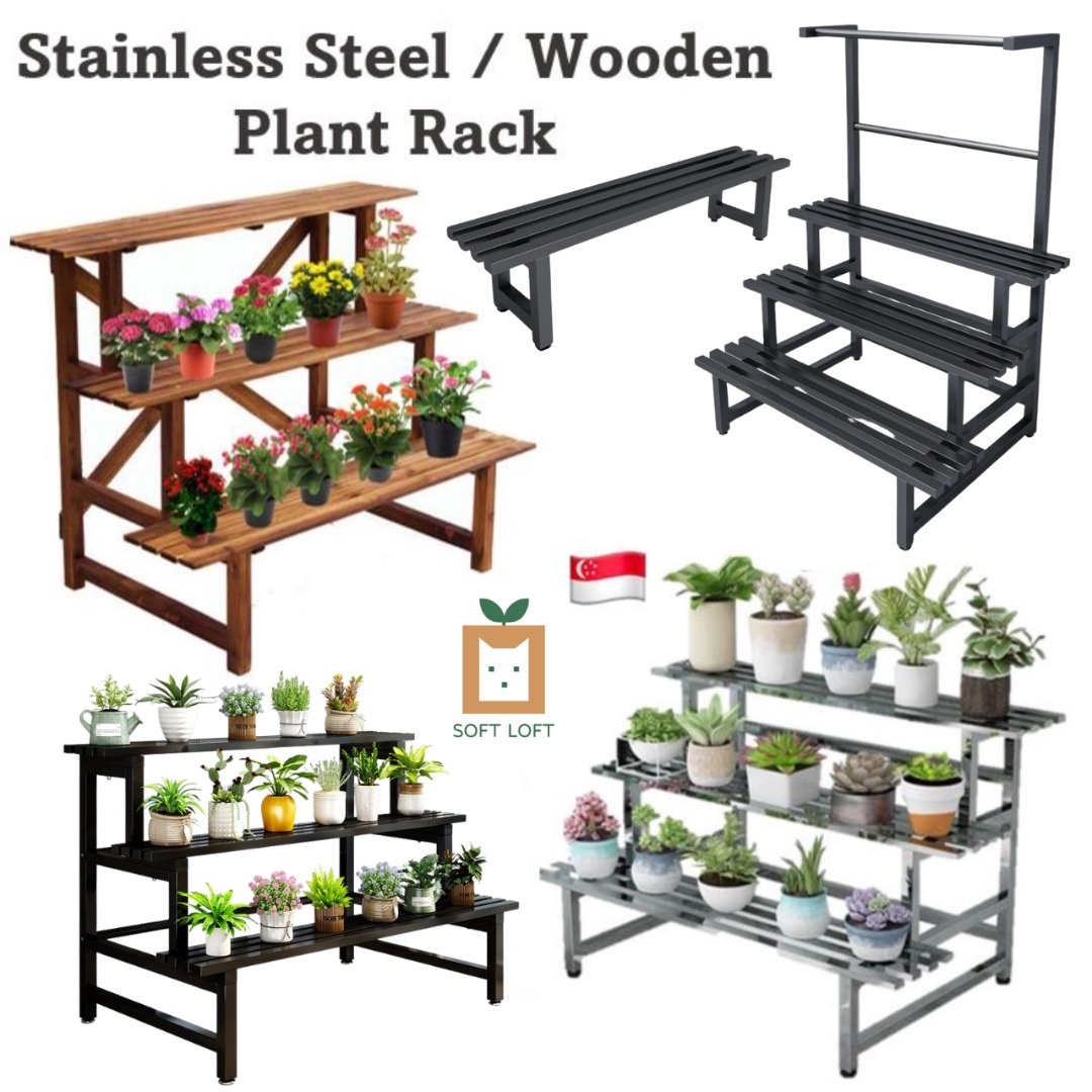Wooden Plant Rack Stainless Steel Rack Outdoor Indoor Plant Stand Step ...