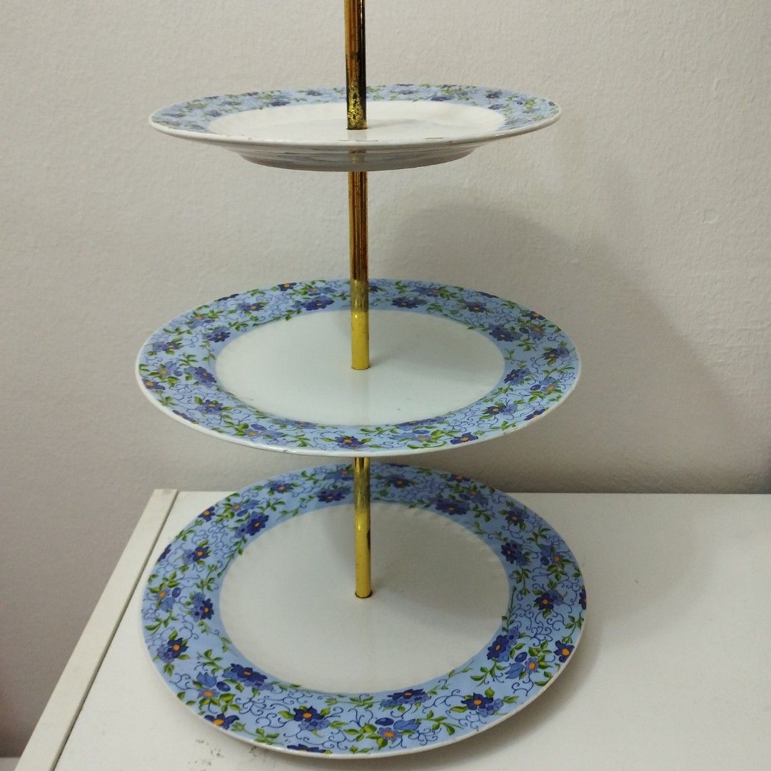 3 Tiers High Tea Plates Blue Purples Design Flower, Furniture & Home ...