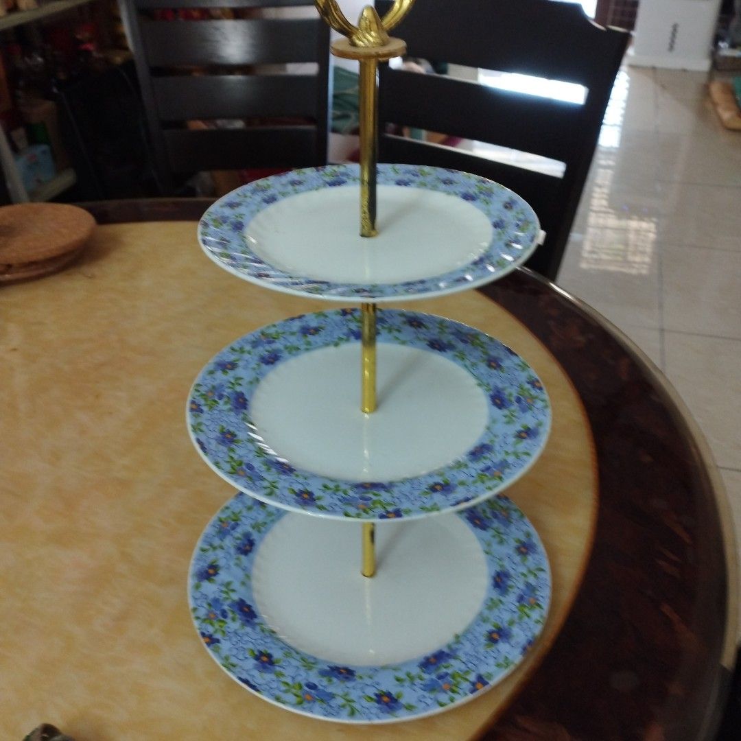 3 Tiers High Tea Plates Blue Purples Design Flower, Furniture & Home ...
