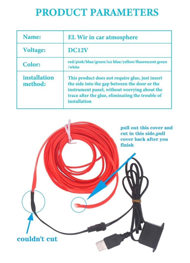 5M Car Interior LED Strips Light Decoration / Wire Rope Neon Light ...