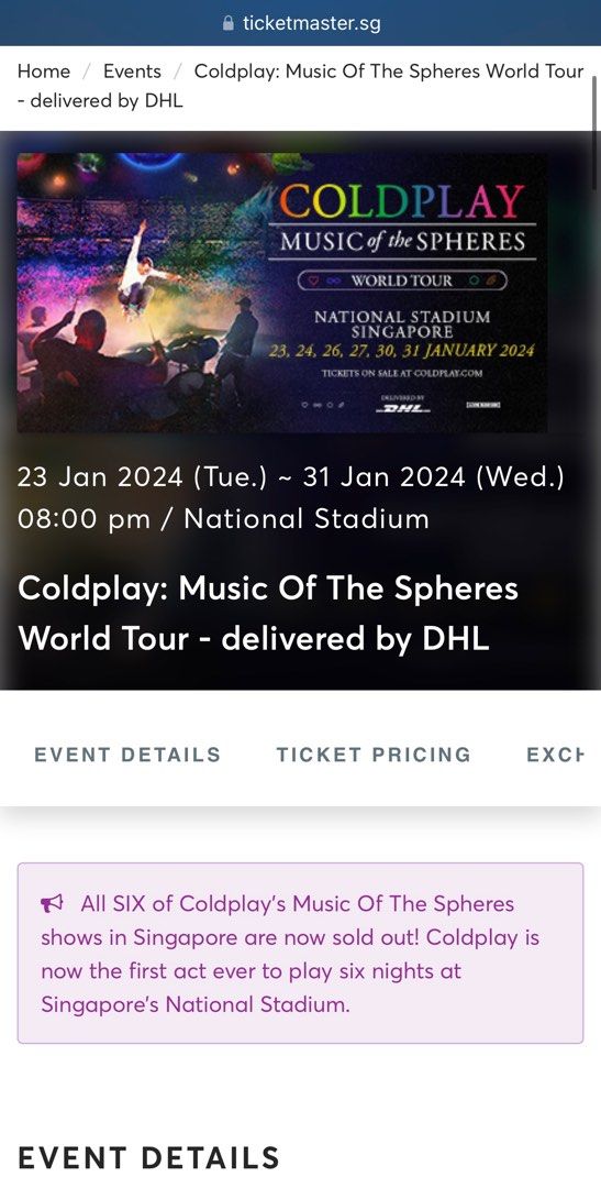Coldplay Ticket General Standing 26 Jan Singapore, Tickets & Vouchers ...