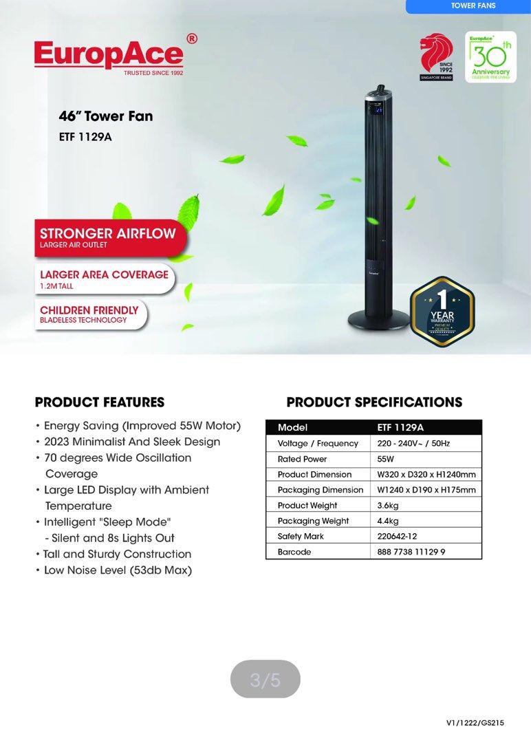 EuropAce Tower Fan ETF1129 Black, TV & Home Appliances, Other Home ...