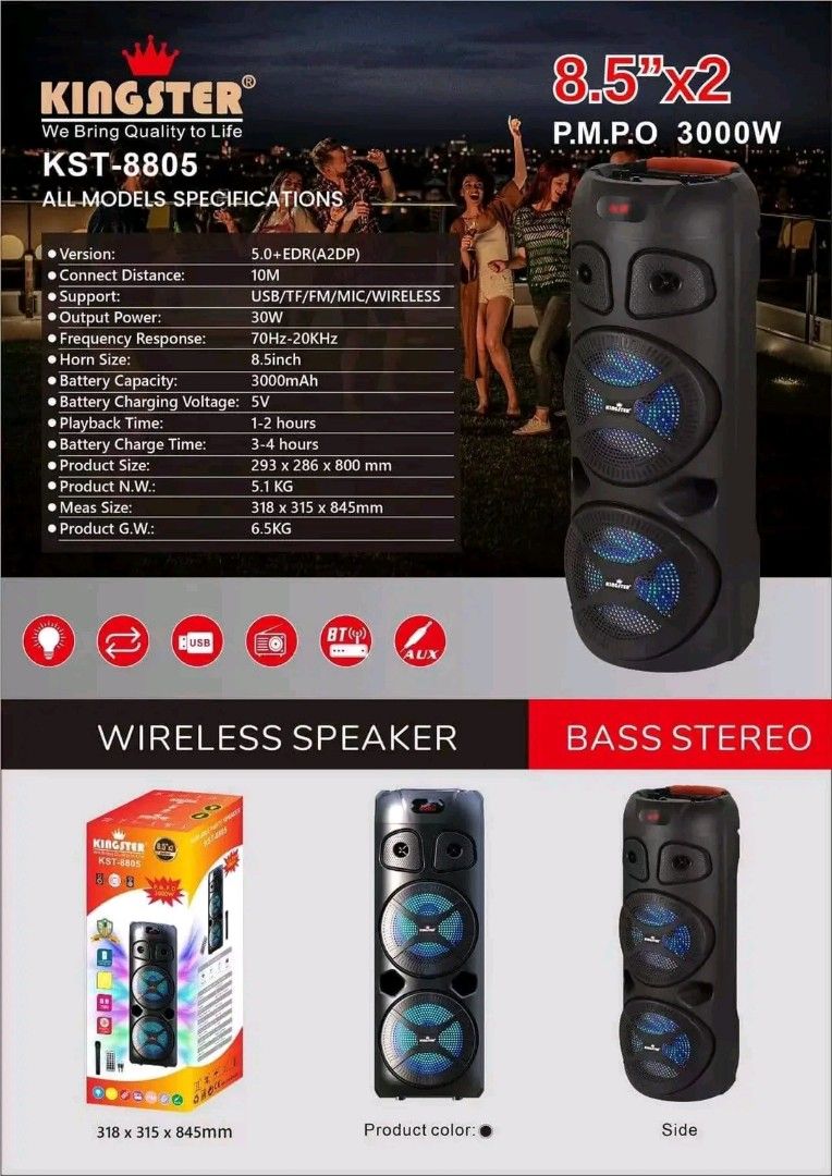 KINGSTER KST-8805 karaoke Bluetooth speaker with remote and wireless ...
