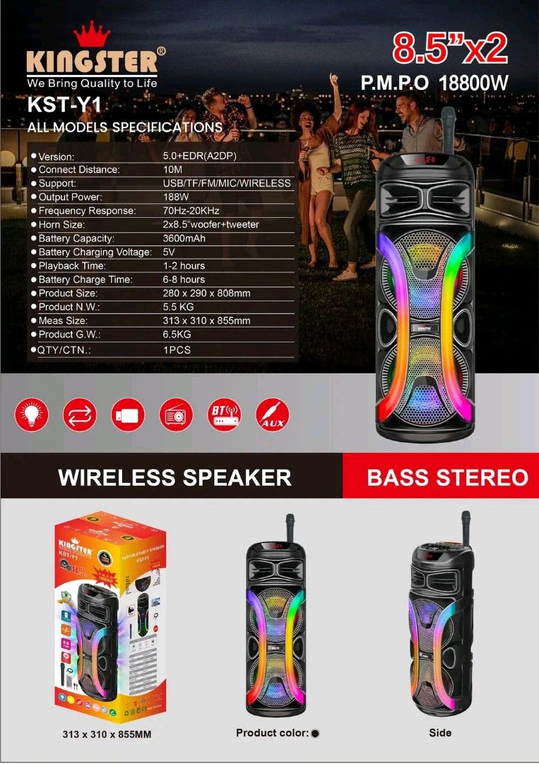 KINGSTER KST-Y1 RGB karaoke Bluetooth speaker with remote and wireless mic, Audio, Soundbars ...