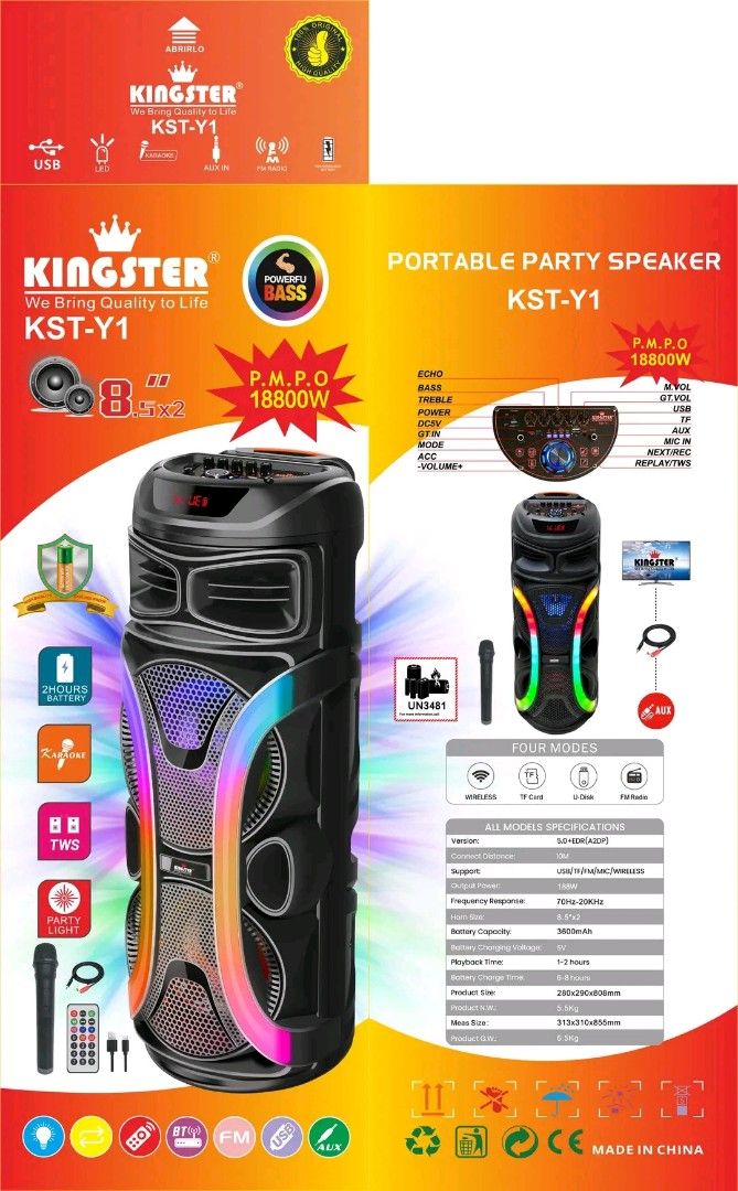 KINGSTER KST-Y1 RGB karaoke Bluetooth speaker with remote and wireless ...