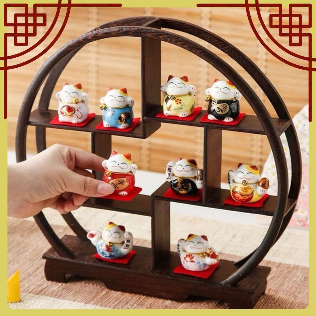 SG READY STOCK Lucky Cat Blessings Set - 10 Lucky Cats with Shelf ...