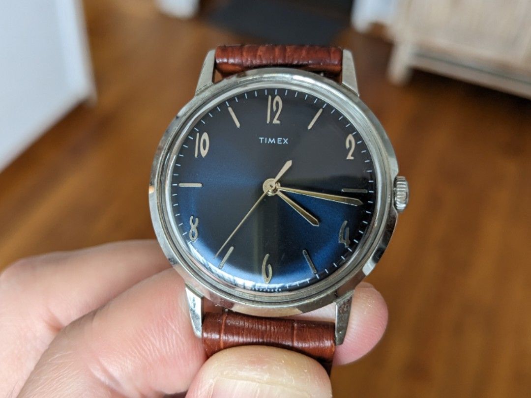 Timex Marlin 34mm hand wind blue dial, Luxury, Watches on Carousell