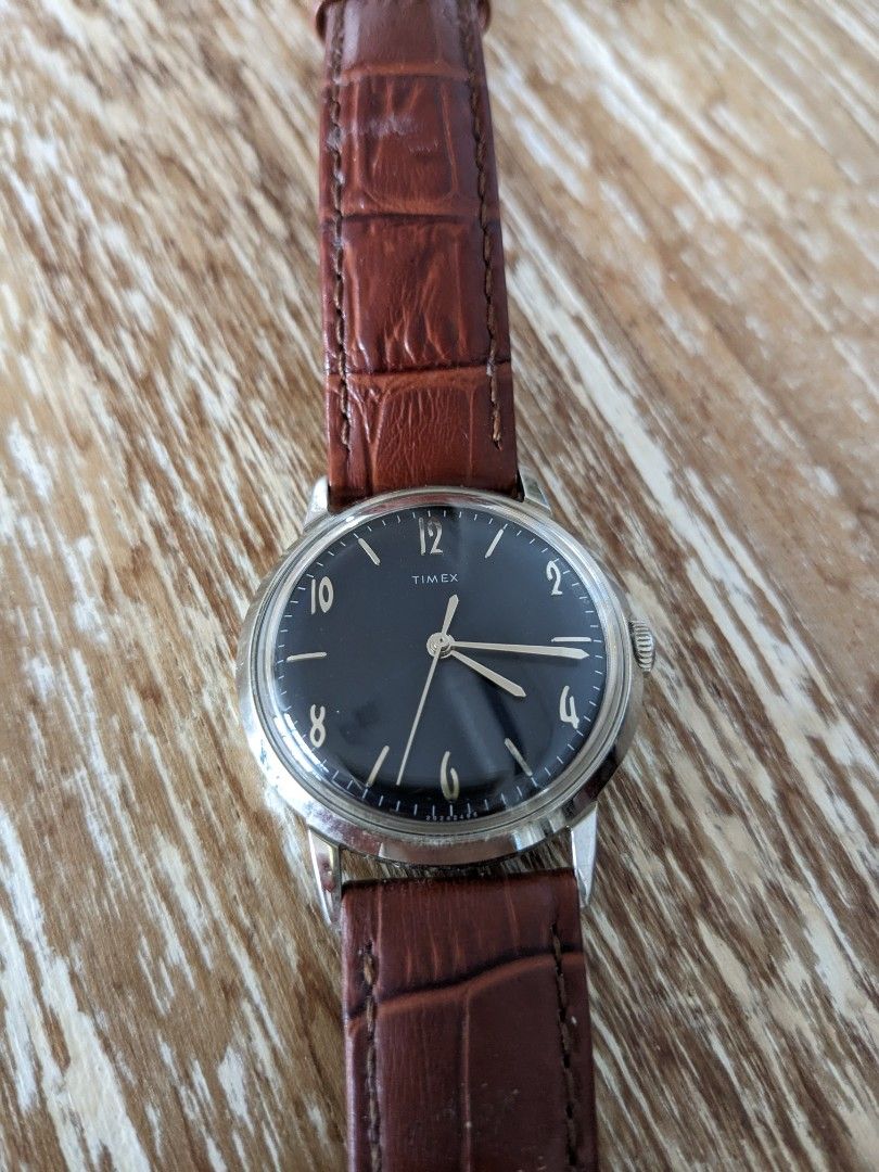 Timex Marlin 34mm hand wind blue dial, Luxury, Watches on Carousell