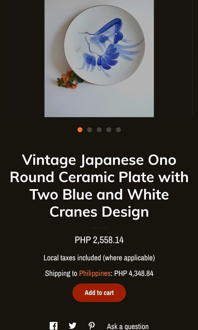 Vintage Japanese Ono Round Ceramic Plate with Two Blue and White Cranes ...