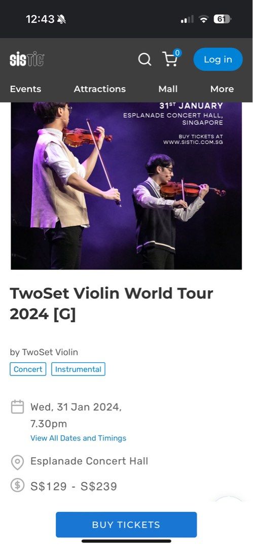 1 x CAT 3 Circle 2 TwoSet Violin World Tour 2024 ticket, Tickets ...