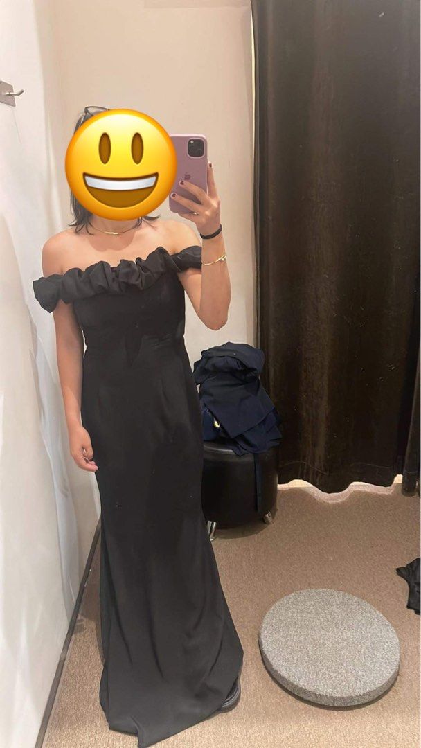 Black off shoulder evening dress with raffles, Women's Fashion, Dresses ...