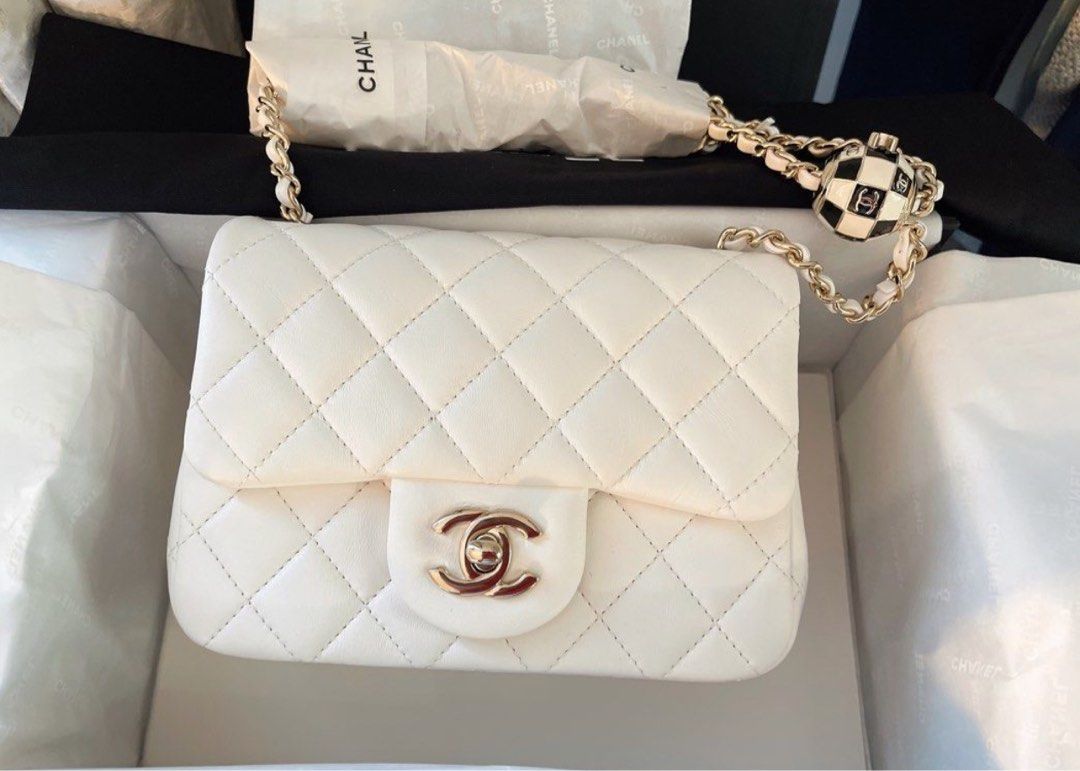 Chanel 23C Pearl Crush Mini Square Flap in White Lambskin, Luxury, Bags ...