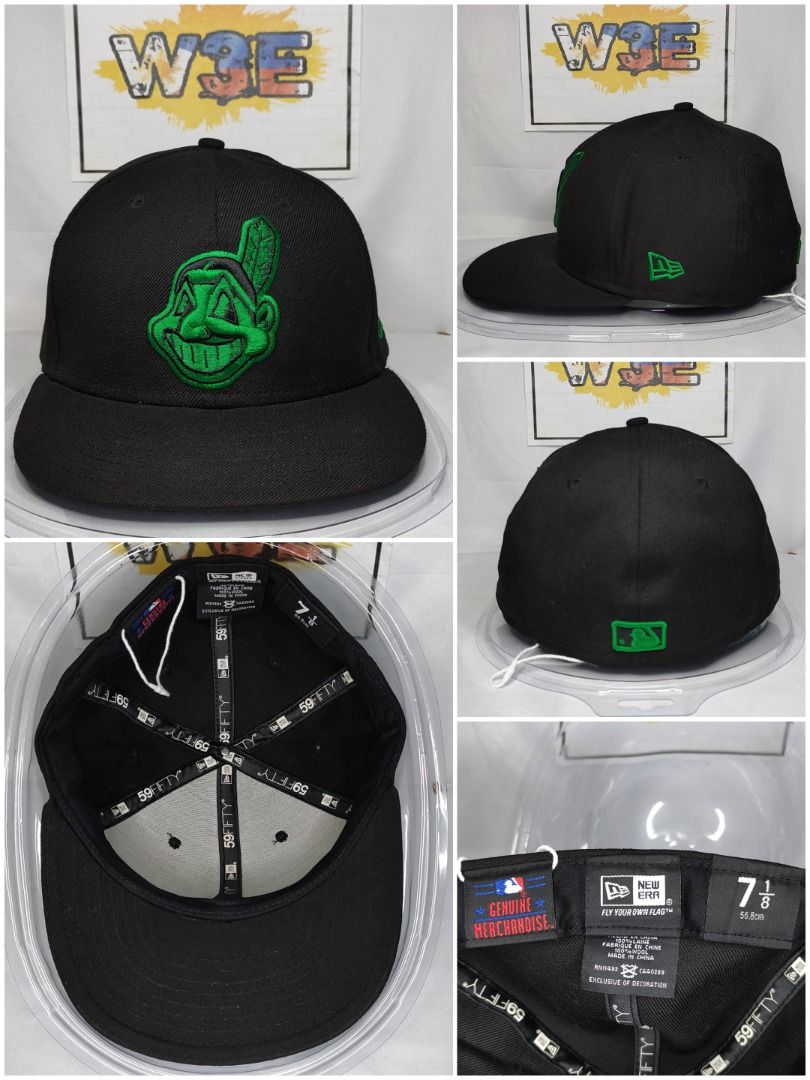 RARE CLEVELAND INDIANS CHIEF WAHOO BLACK GREEN LOGO FITTED SIZE 7 1/8 ...