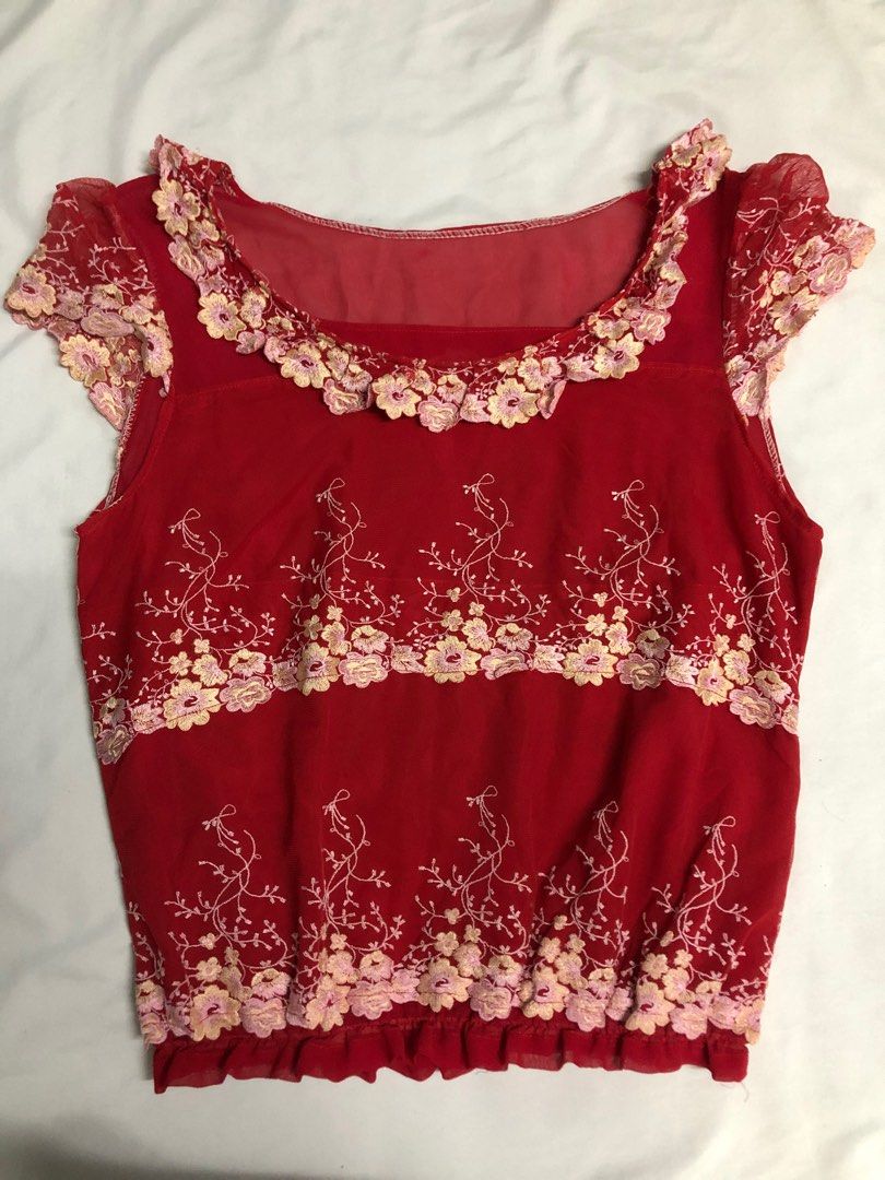 Red Floral Lacey Top, Women's Fashion, Tops, Blouses on Carousell