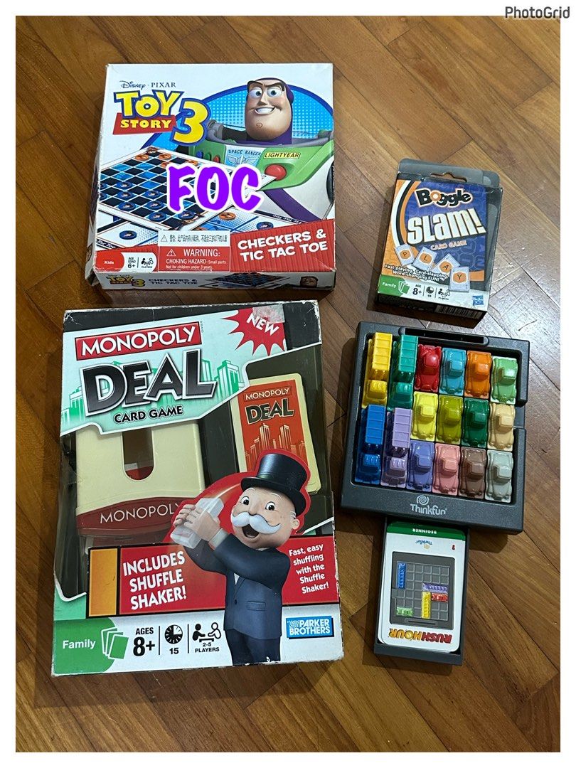 Rush hour, Monopoly deal, Boggle Slam, Checkers Tick Tac Toe board card ...
