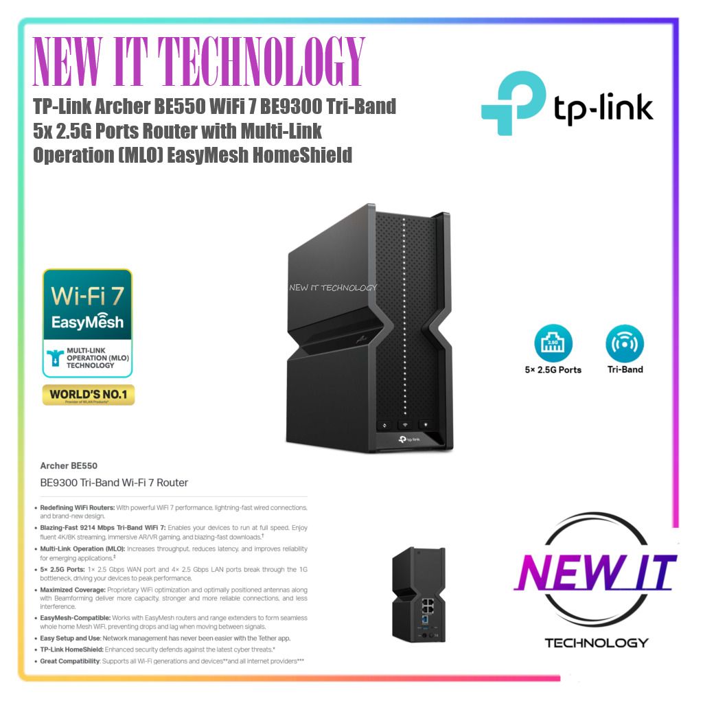 TP-Link Archer BE550 WiFi 7 BE9300 Tri-Band 5x 2.5G Ports Router with ...